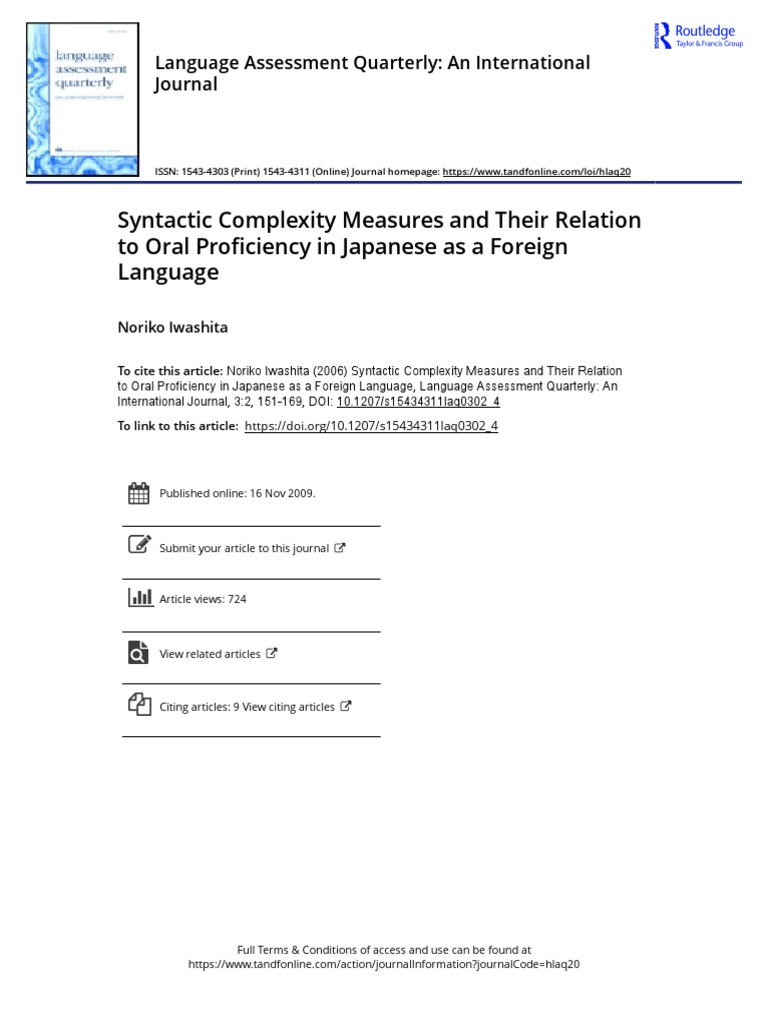 Syntactic Complexity Measures and Their Relation To Oral Proficiency in Japanese As A Foreign ...