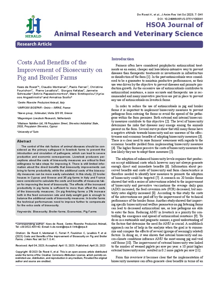 Costs and Benefits of The Improvement of Biosecurity On Pig and Broiler Farms | PDF | Pig | Farms