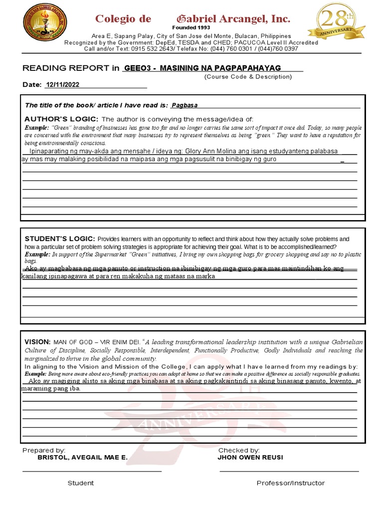 Colegio de San Abriel Arcangel, Inc.: Reading Report in Geeo3 - Masining Na Pagpapahayag | PDF ...