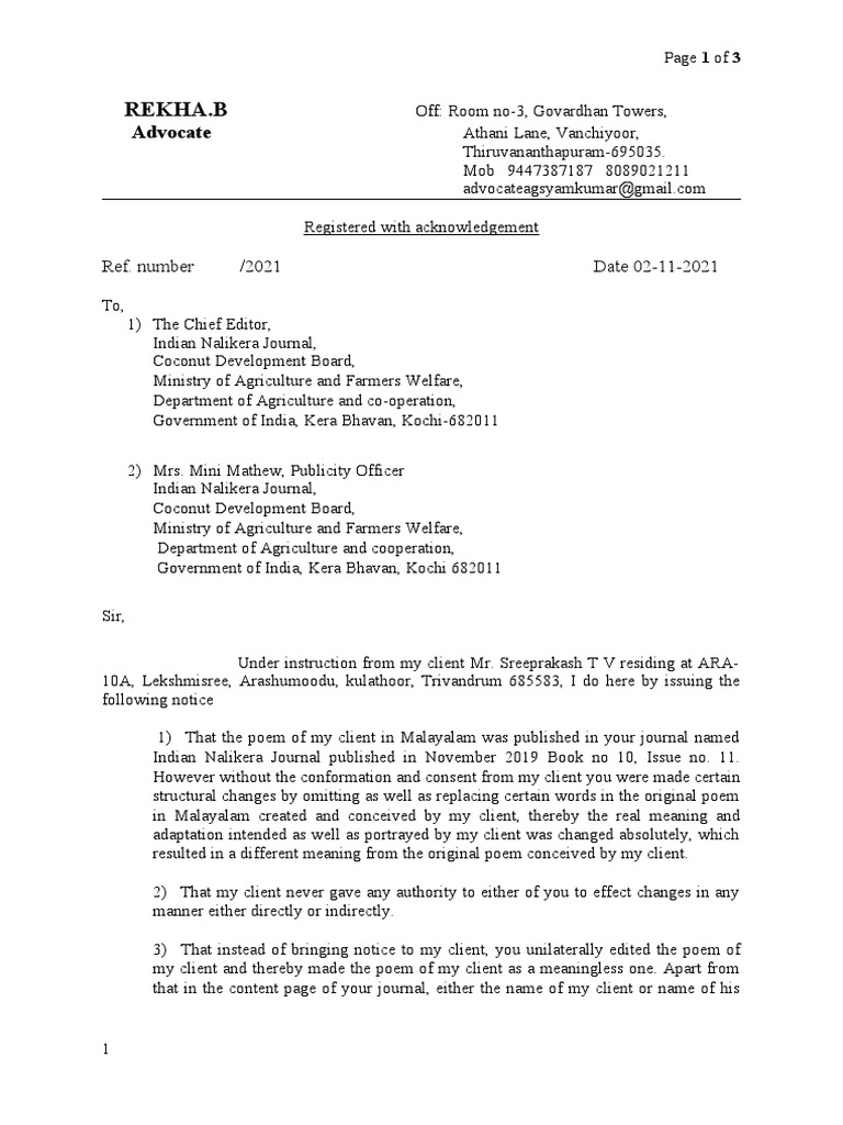 Advocate Notice Sreeprakash 2 | PDF | Justice | Crime & Violence