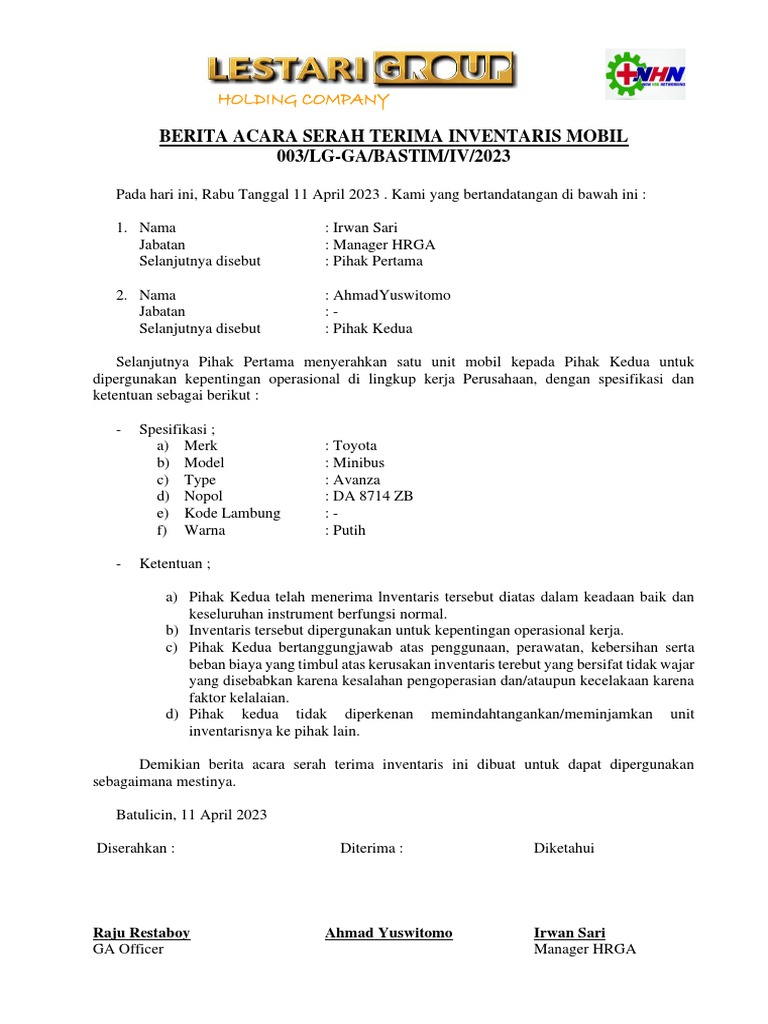 Berita Acara Serah Terima Inventaris Mobil Avanza | PDF