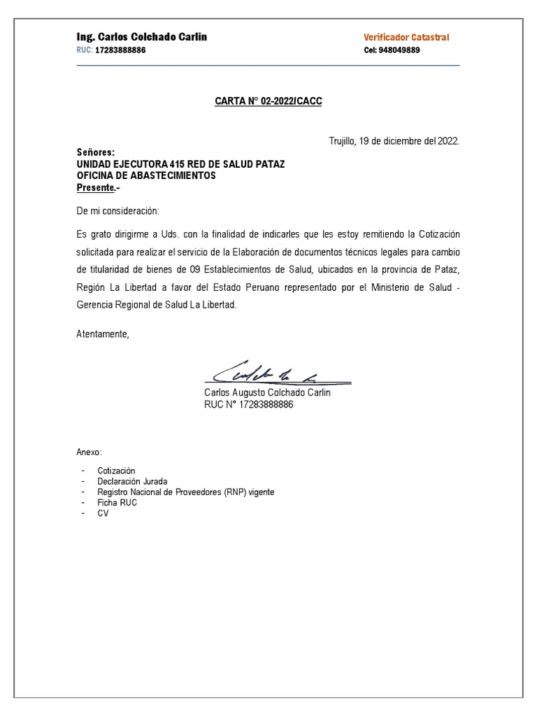 Carta Cotizacion CACC y Anexos | PDF