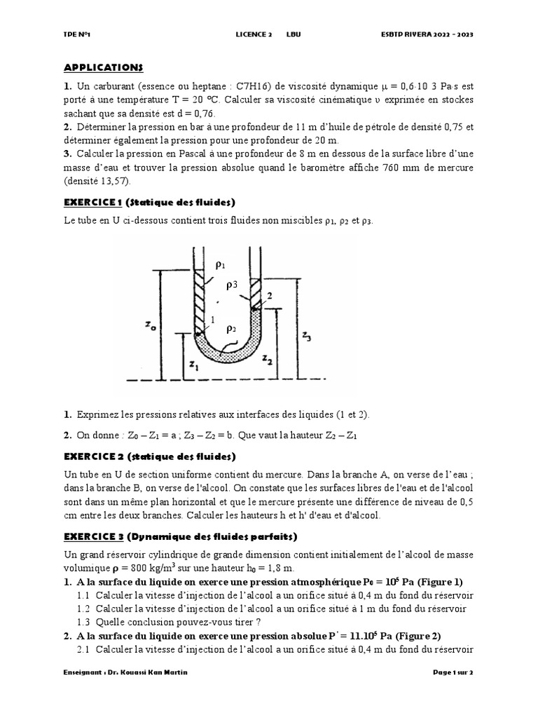 Corrigé de l'exercice de fluides | PDF | Pression | Sciences physiques