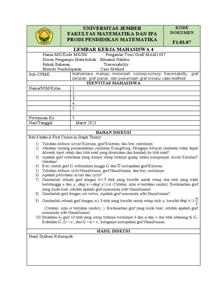 Universitas Jember Fakultas Matematika Dan Ipa Prodi Pendidikan Matematika F1.03.07 Lembar Kerja ...