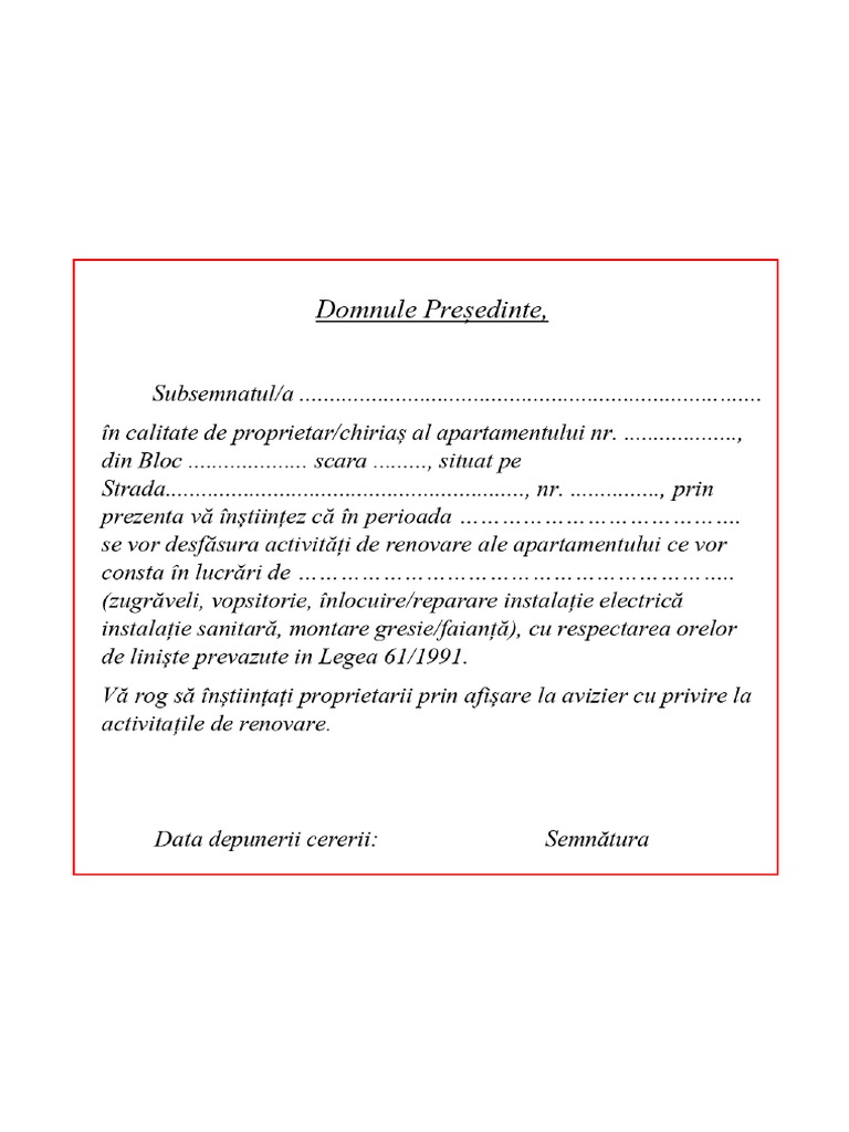 model-cerere-renovare-apartament | PDF