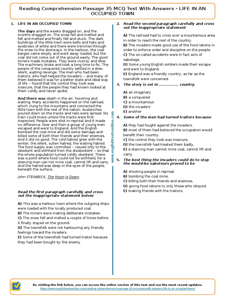 605 - Reading Comprehension Passage 35 MCQ Test With Answers Life in An ...