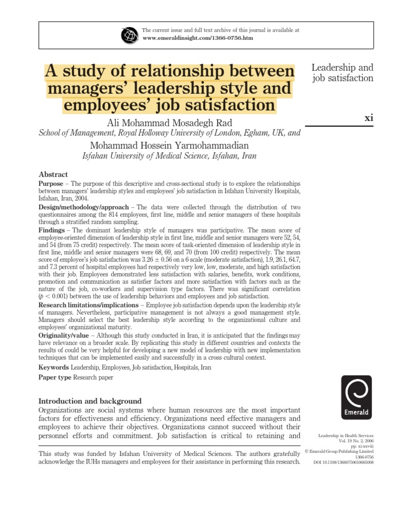 A Study of Relationship Between Managers' Leadership Style and Employees' Job Satisfaction | PDF ...