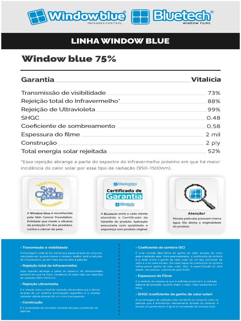 Especificações Técnicas - Película Window Blue 75% | PDF
