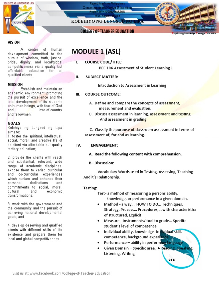 Module 1 PEC106 | PDF | Educational Assessment | Cognition
