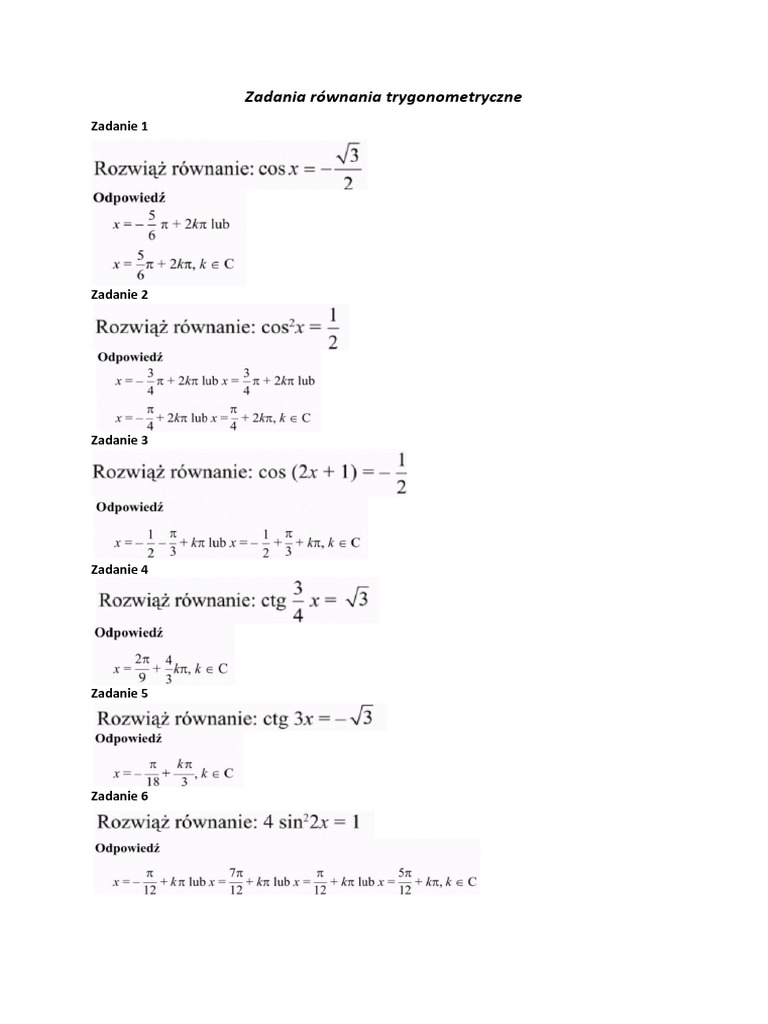Zadania Równania Trygonometryczne | PDF
