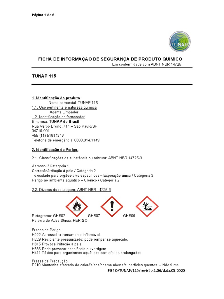 Ficha de Informação de Segurança de Produto Químico para TUNAP 115 ...