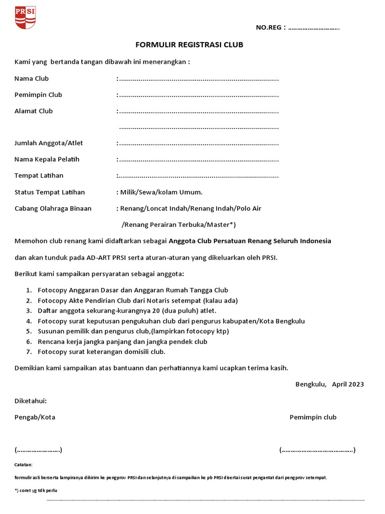 Formulir Registrasi Club Renang | PDF