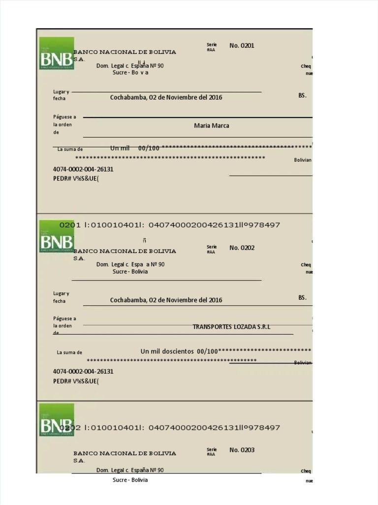 Cheques del Banco Nacional de Bolivia | PDF | Bolivia | Empresas de ...