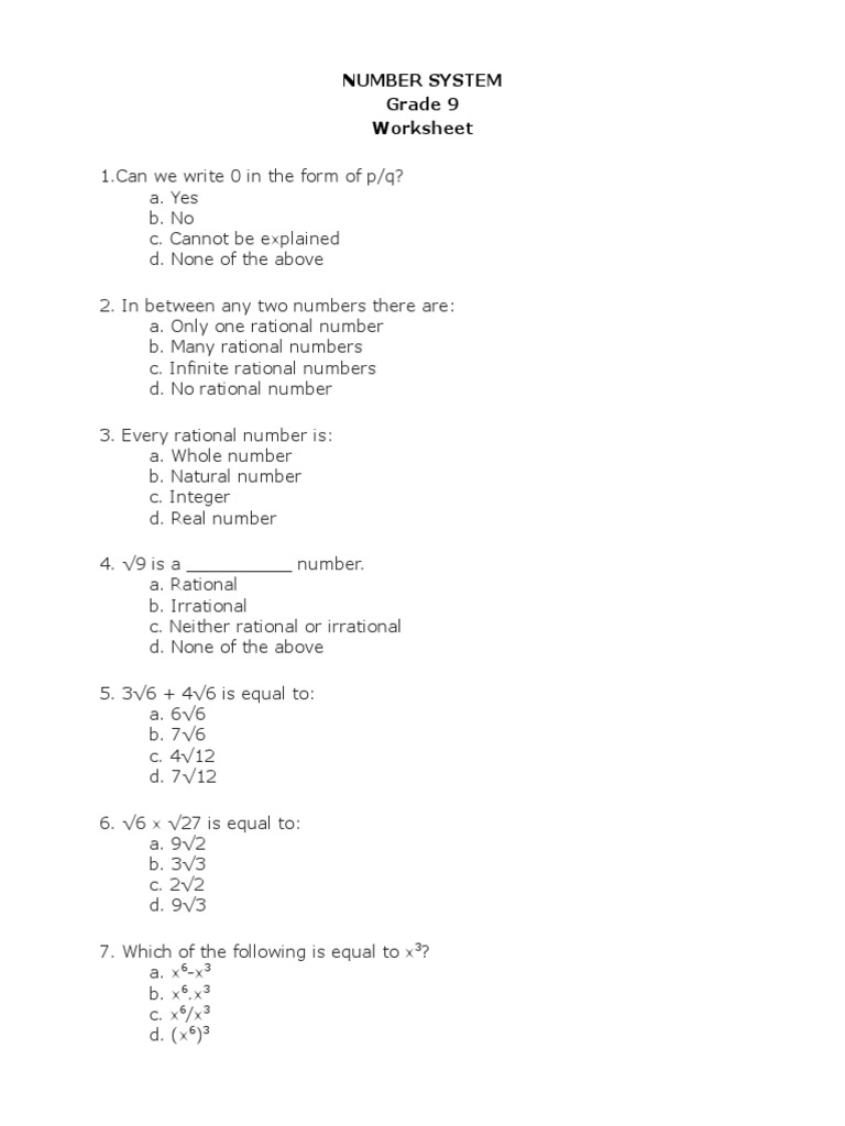 Number System Grade 9 Worksheet | PDF