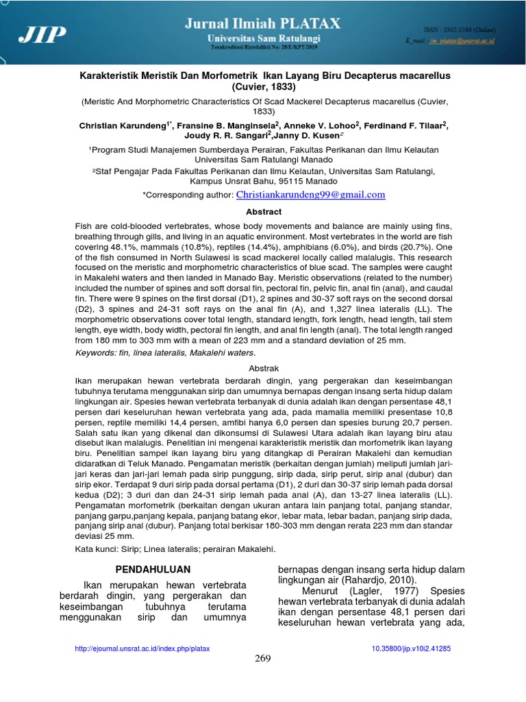 Karakteristik Meristik Dan Morfometrik Ikan Layang Biru Decapterus Macarellus (Cuvier, 1833 ...