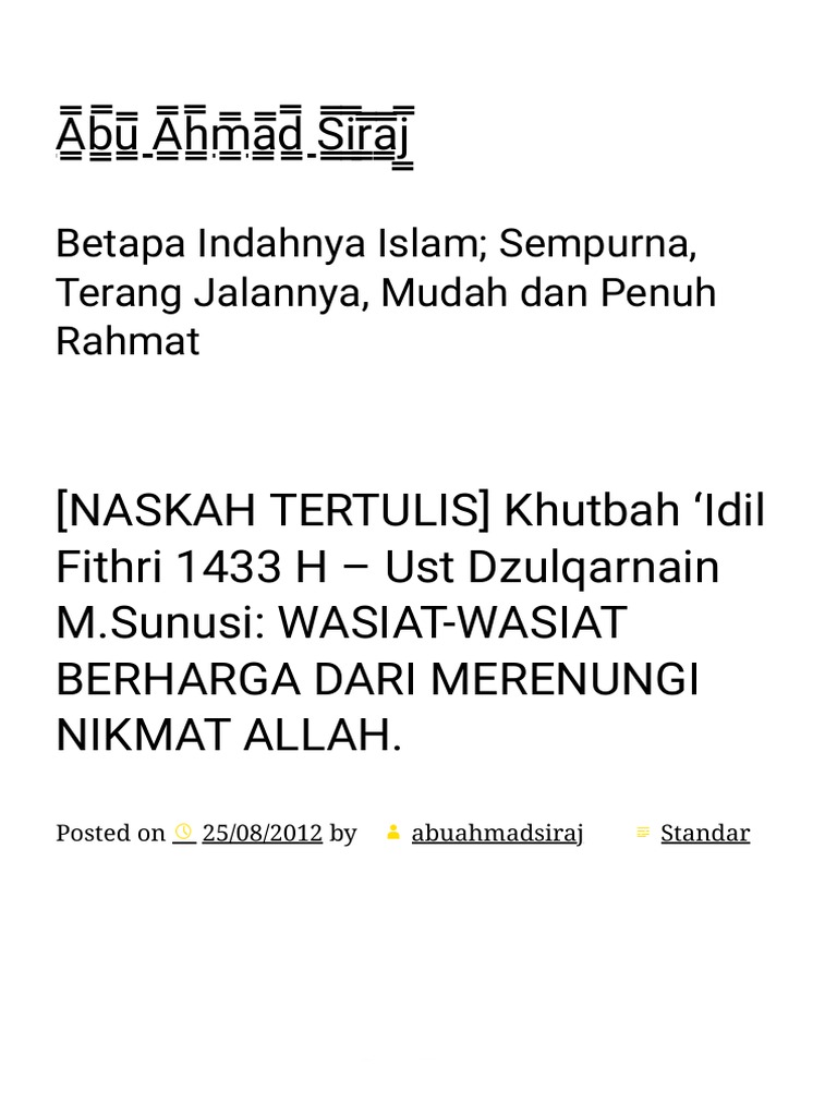 (NASKAH TERTULIS) Khutbah Idil Fithri 1433 H - Ust Dzulqarnain M.Sunusi ...