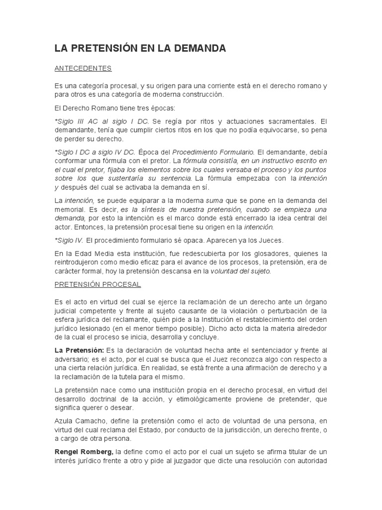La Pretensión en La Demanda: La Pretensión: Es La Declaración de ...
