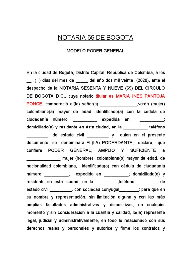 Poder general amplio modelo notaría 69 Bogotá | PDF