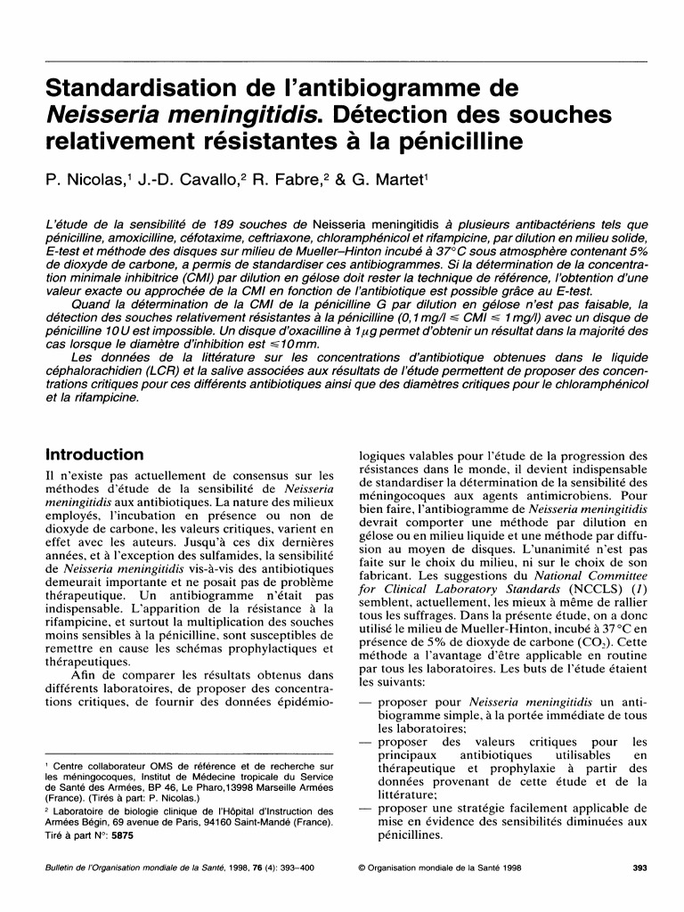 Standardisation de l'antibiogramme N. meningitidis | PDF | Résistance ...