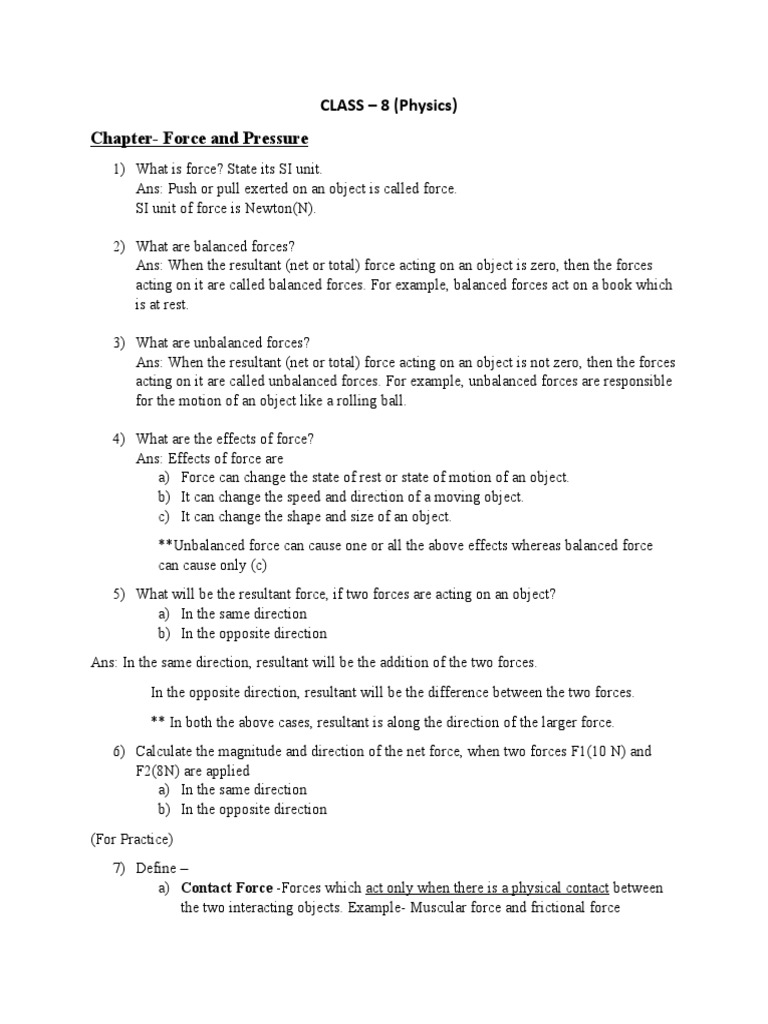 Class 8 Notes - Force and Pressure | PDF