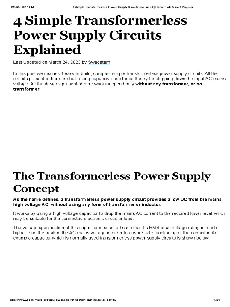 4 Simple Transformerless Power Supply Circuits Explained - Homemade ...