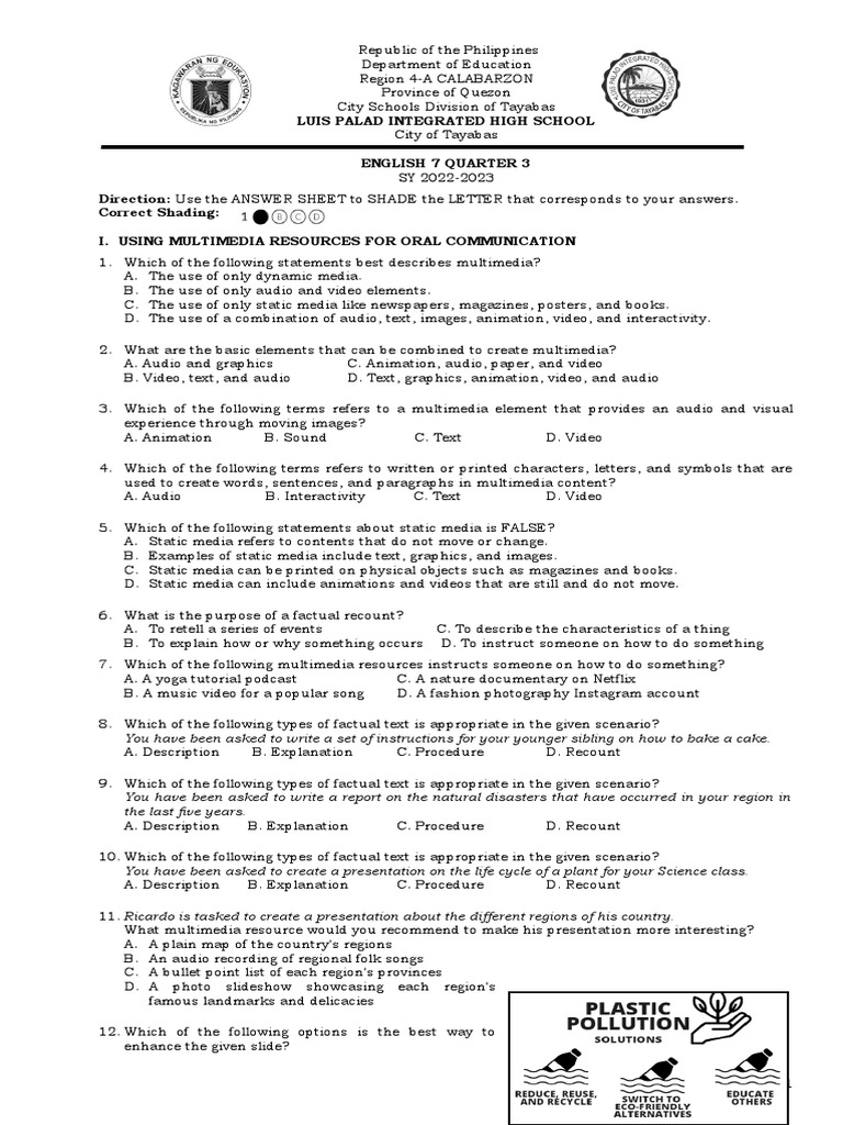 Long Test English7 Q3 SY 22 23 | Download Free PDF | Multimedia | Graphics