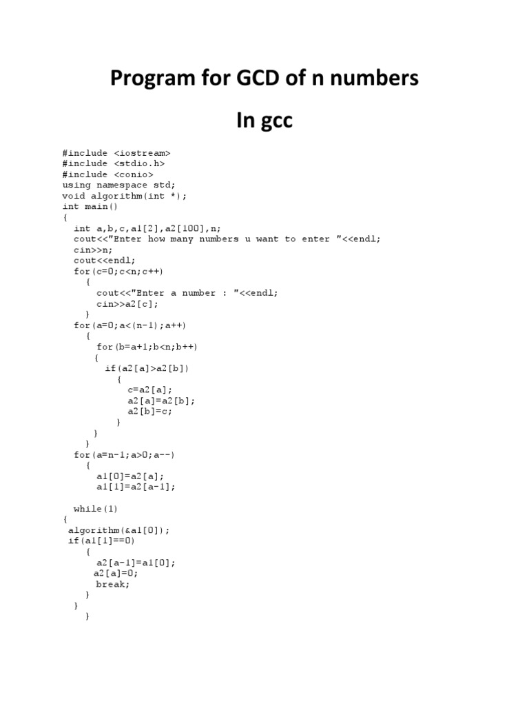 Program For GCD of N Numbers in GCC | PDF