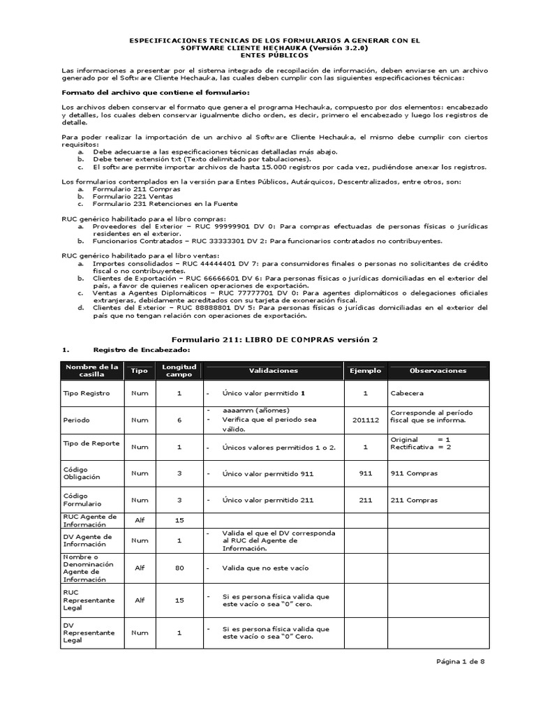 Formulario 211: LIBRO DE COMPRAS Versión 2: Nombre de La Casilla Tipo Longitud Campo ...