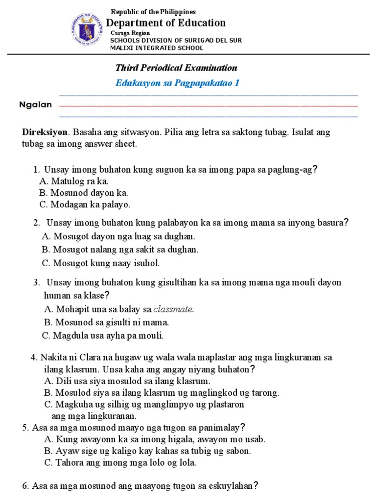 Third Quarter Test - EsP - Grade 1 - MELC-Based - Binisaya | PDF