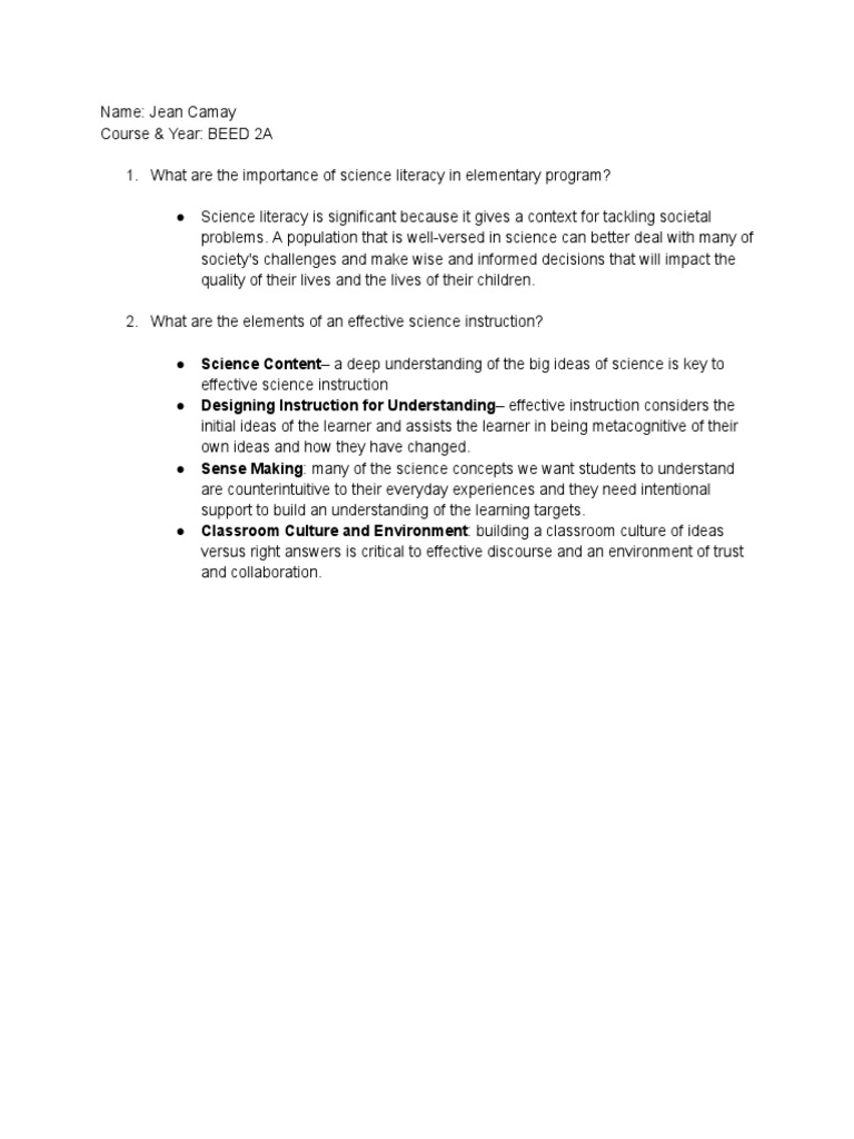 Science Literacy and Elements of An Effective Science Instruction | PDF