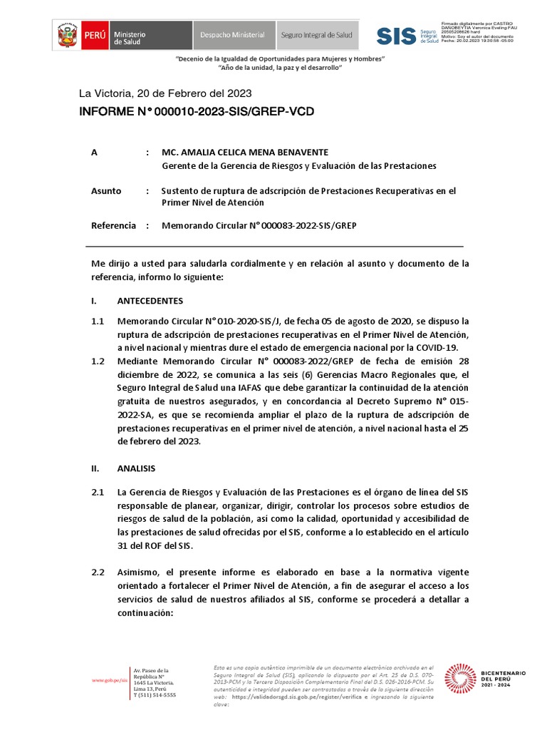 INFORME N°000010-2023-SISGREP-VCD | PDF | Estado de emergencia