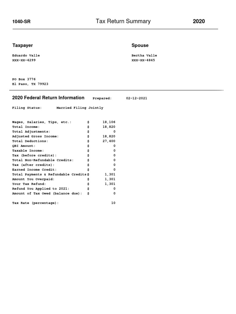 Tax Return Summary | PDF | Irs Tax Forms | Health Savings Account