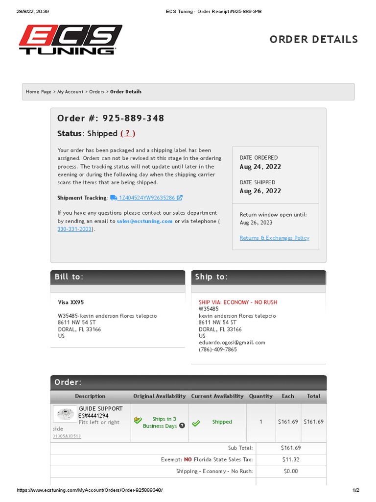 ECS Tuning - Order Receipt #925-889-348 | PDF | Receipt | Economies