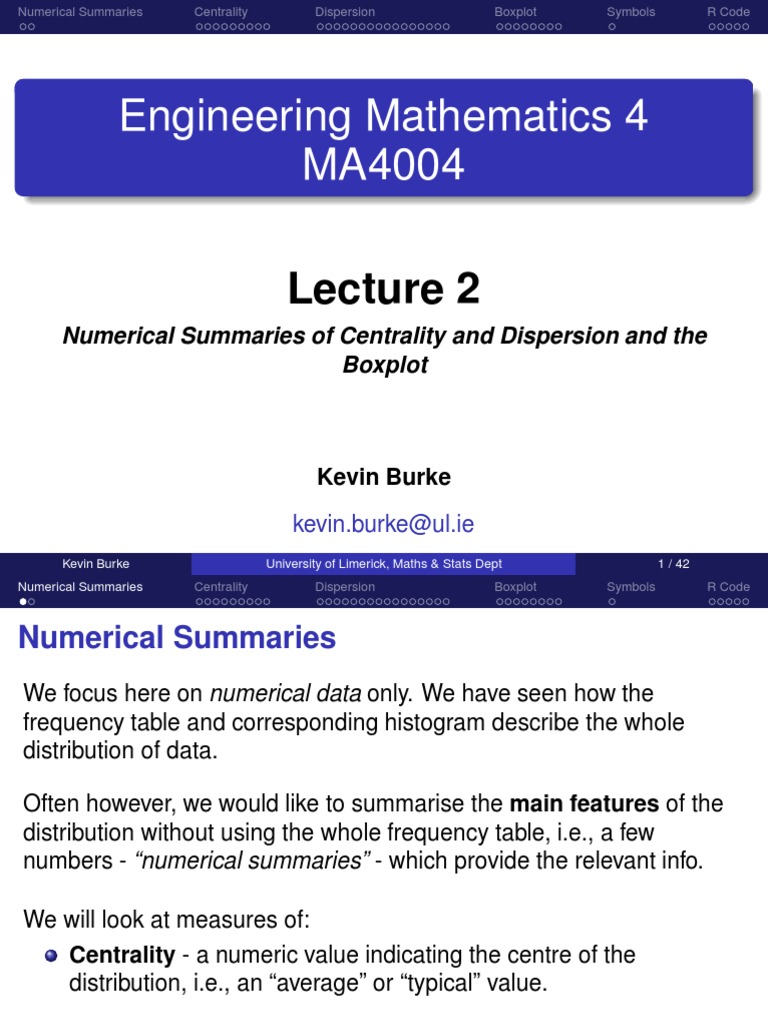 Lecture2 Numerical Summaries and Boxplot | PDF | Quartile | Mean Lecture2 Numerical Summaries and Boxplot | PDF | Quartile | Mean