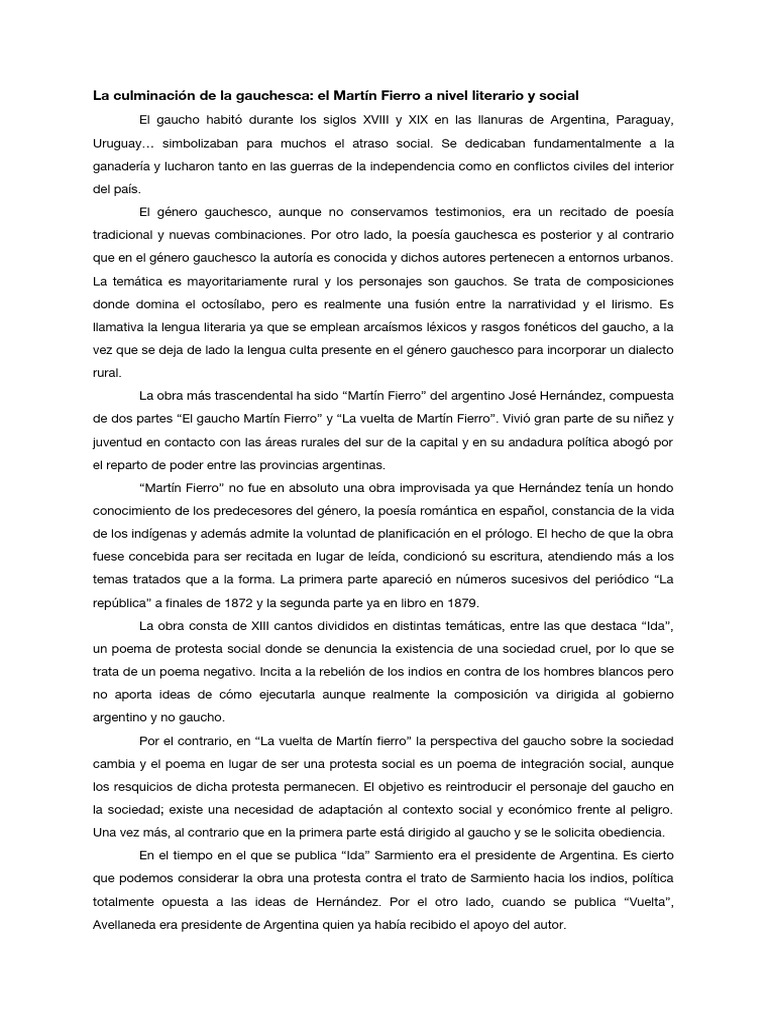 El Martín Fierro como obra cumbre de la literatura gauchesca | PDF