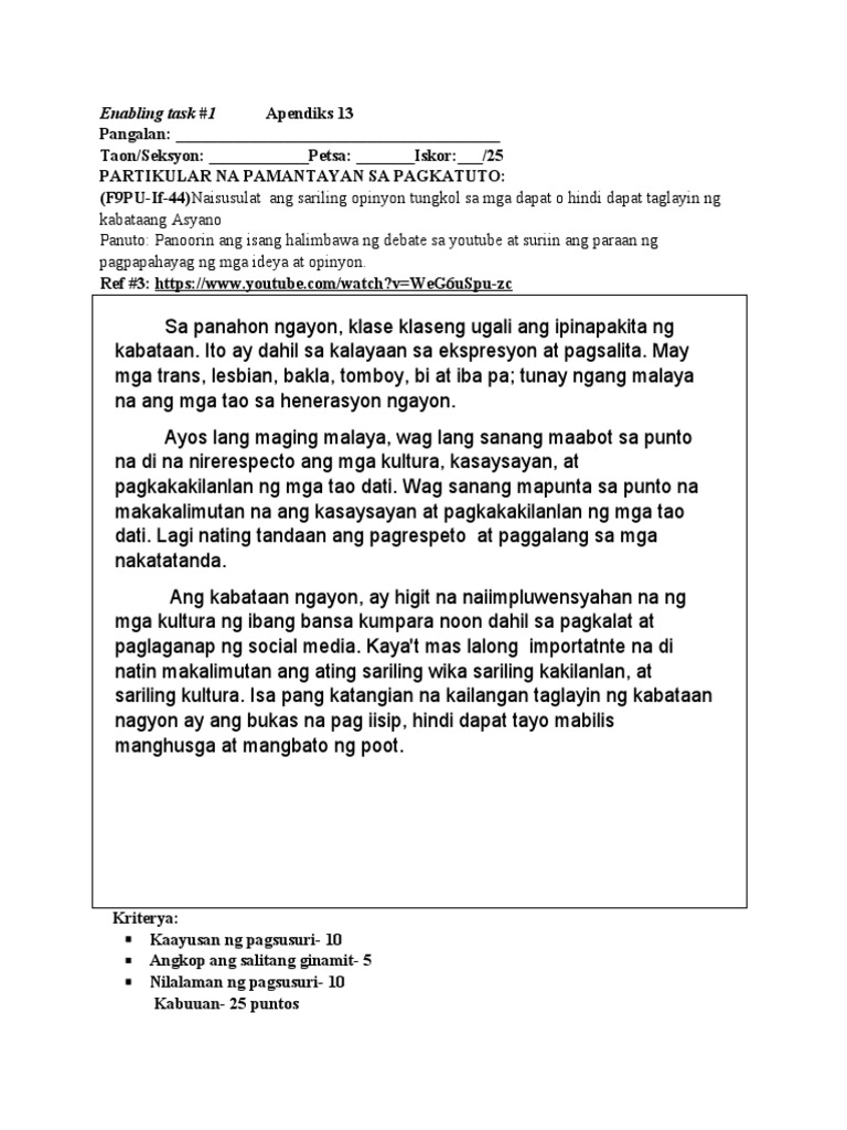 Kabataang Asyano Panuto: Panoorin Ang Isang Halimbawa NG Debate Sa ...
