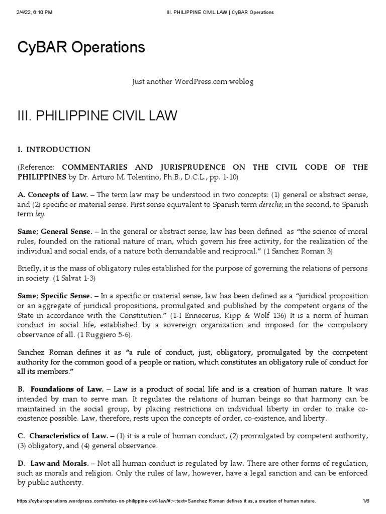 III. PHILIPPINE CIVIL LAW _ CyBAR Operations | PDF | Civil Law (Legal ...