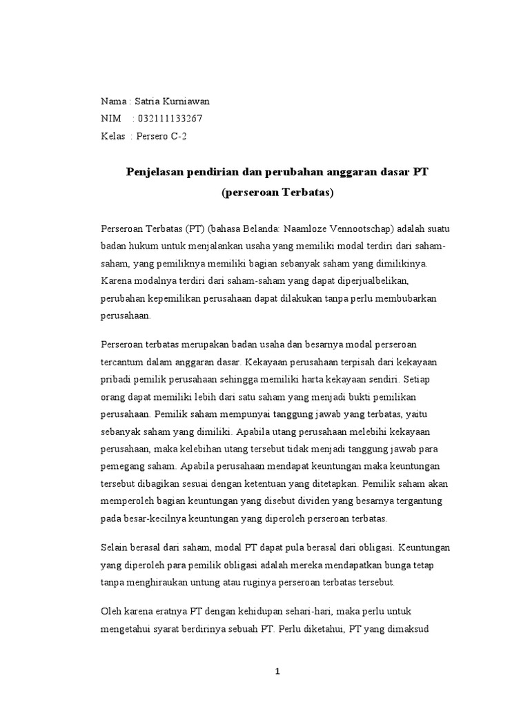 Penjelasan Pendirian Dan Perubahan Anggaran Dasar PT - Satria Kurniawan - 032111133267 | PDF