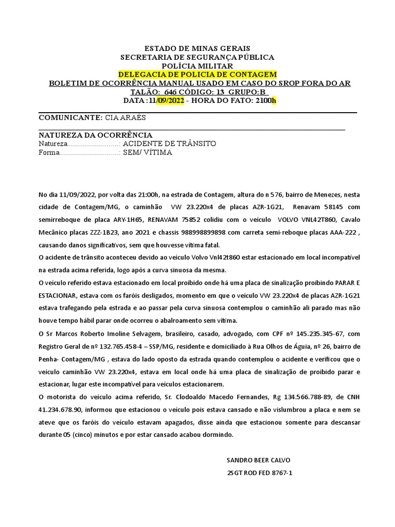Modelo de Boletim de Ocorrencia Manual | PDF | Transporte