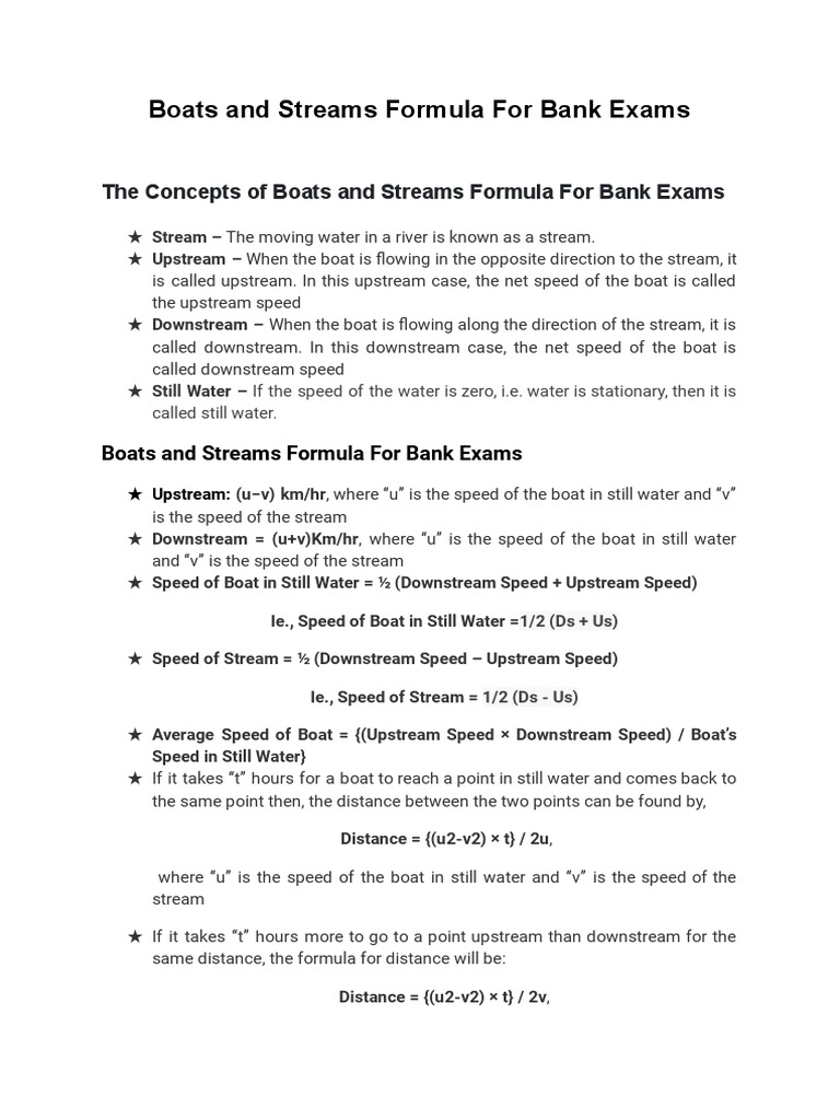 The Concepts of Boats and Streams Formula For Bank Exams | PDF ...