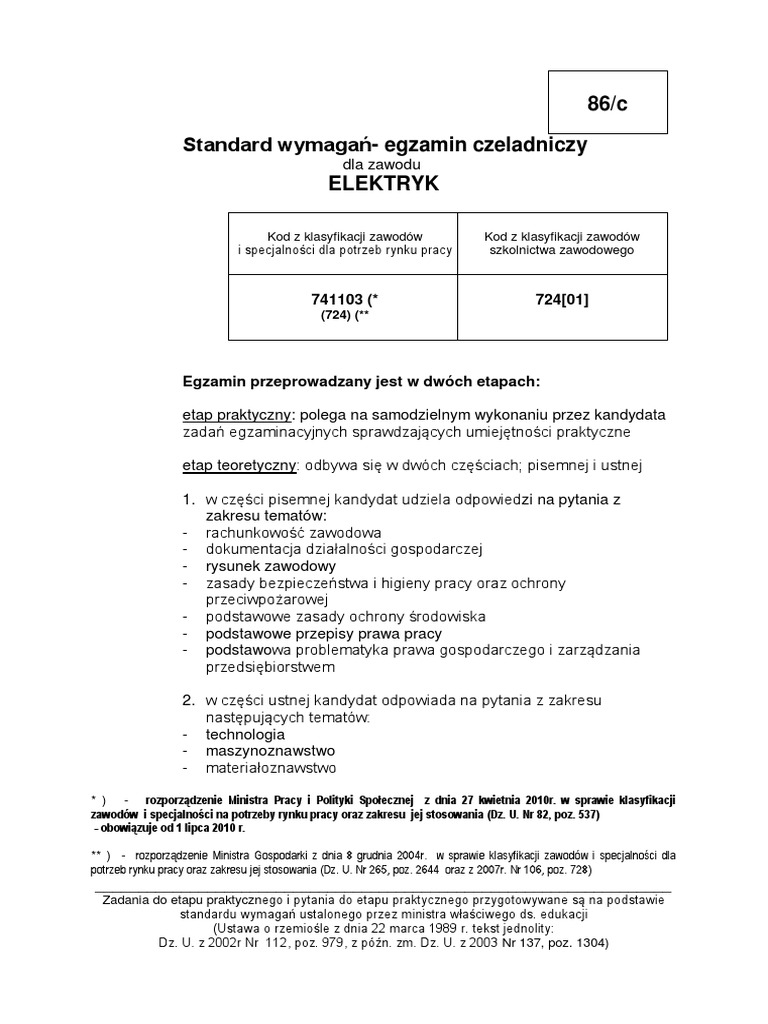 86 C Standard Wymagań Egzamin Czeladniczy Elektryk Pdf