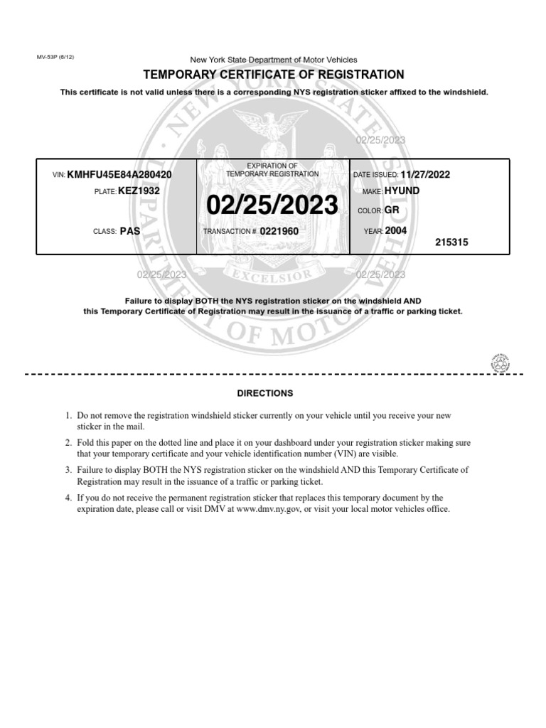Temporary Certificate of Registration: KEZ1932 KMHFU45E84A280420 Hyund ...