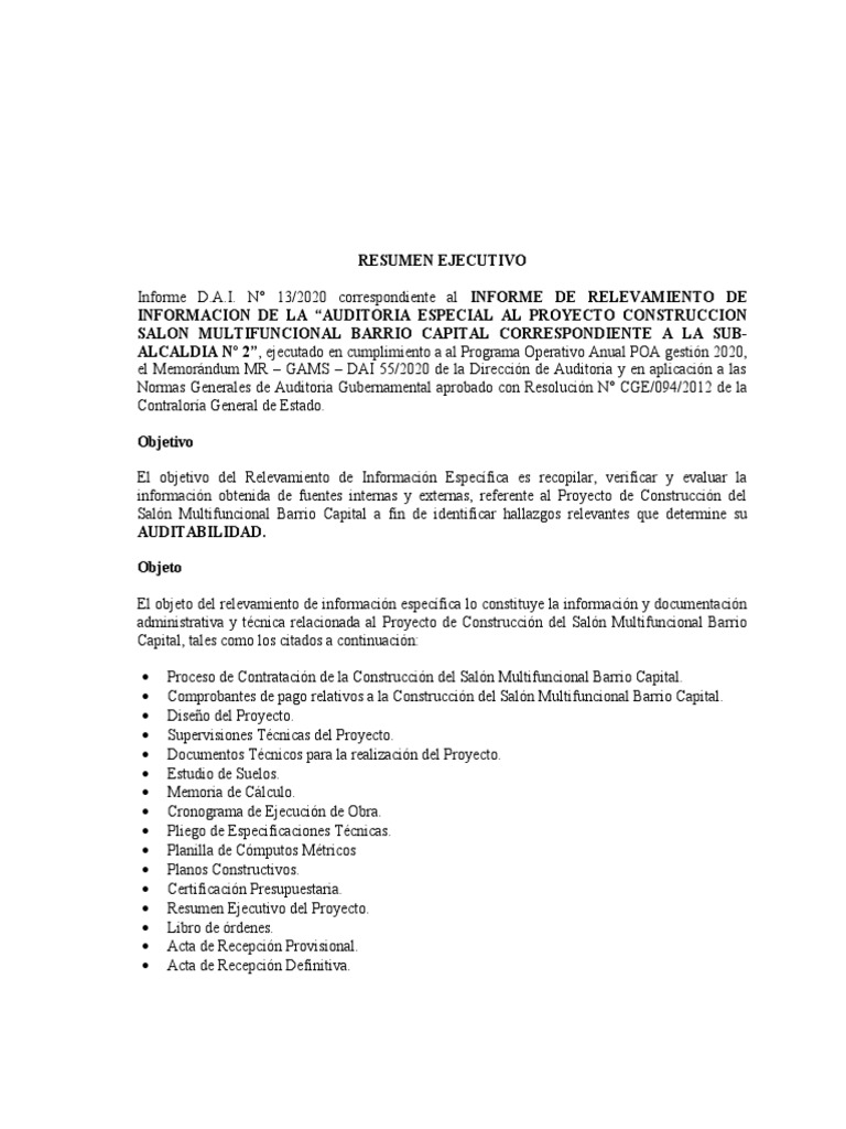 Resumen Ejecutivo Dai 13 2020 Relevamiento de Informacion Especifica | PDF | Auditoría | Informática