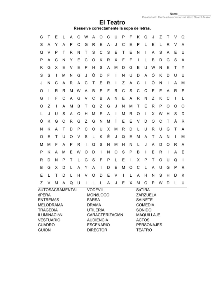 El Teatro: Resuelve Correctamente La Sopa de Letras | PDF | Sub géneros ...