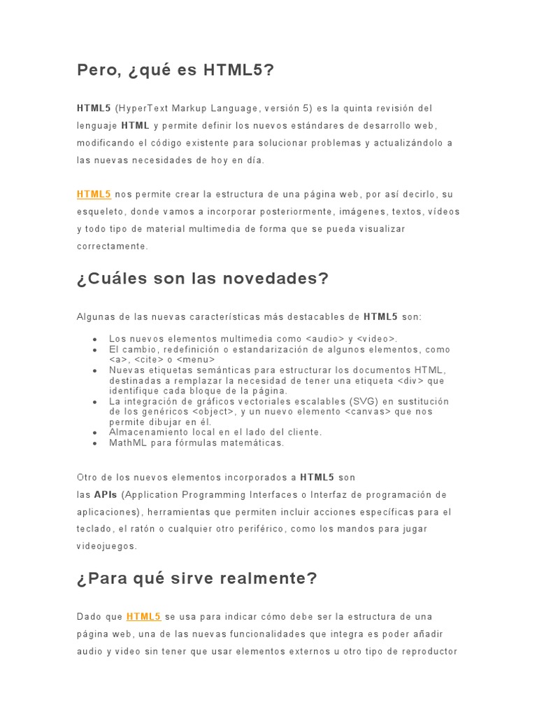 Pero, ¿Qué Es Html5?: Html5 (Hypertext Markup Language, Versión 5) Es La Quinta Revisión Del | PDF
