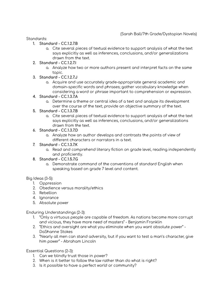 dystopian novel unit plan | PDF | Reading Comprehension | Cognition