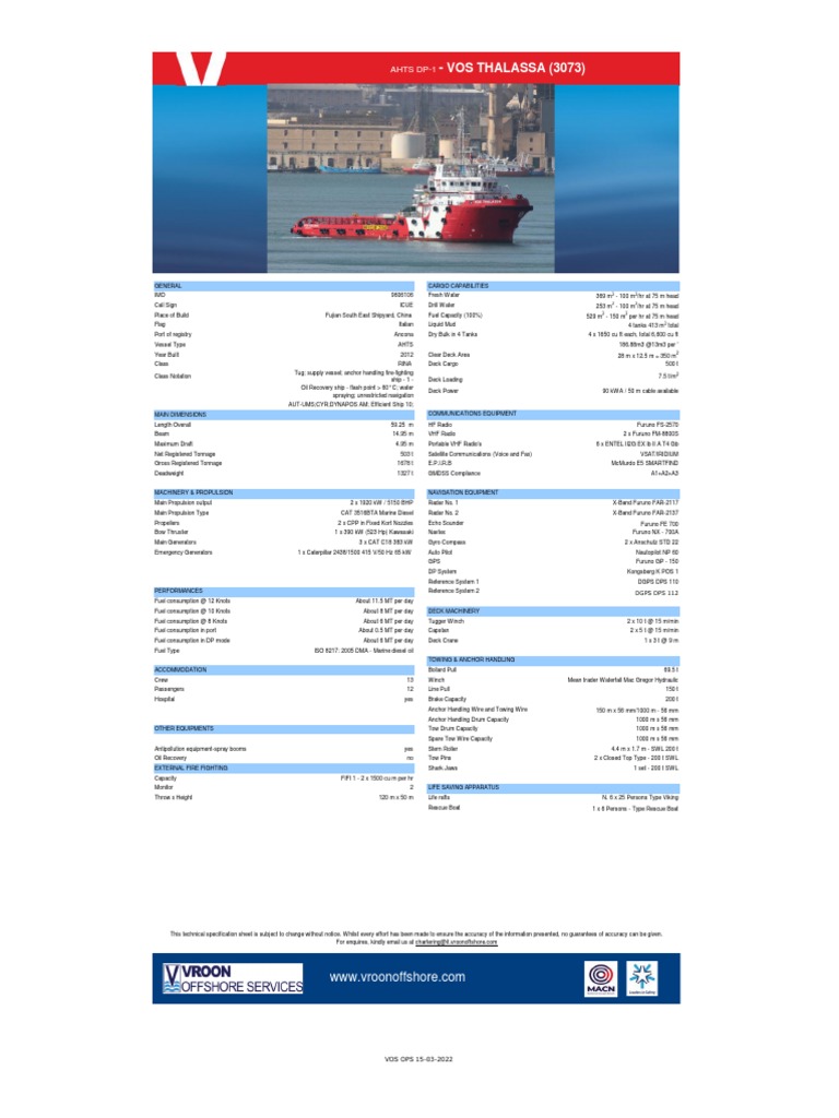 Vessel Particulars VOS Thalassa | PDF | Tonnage | Ships