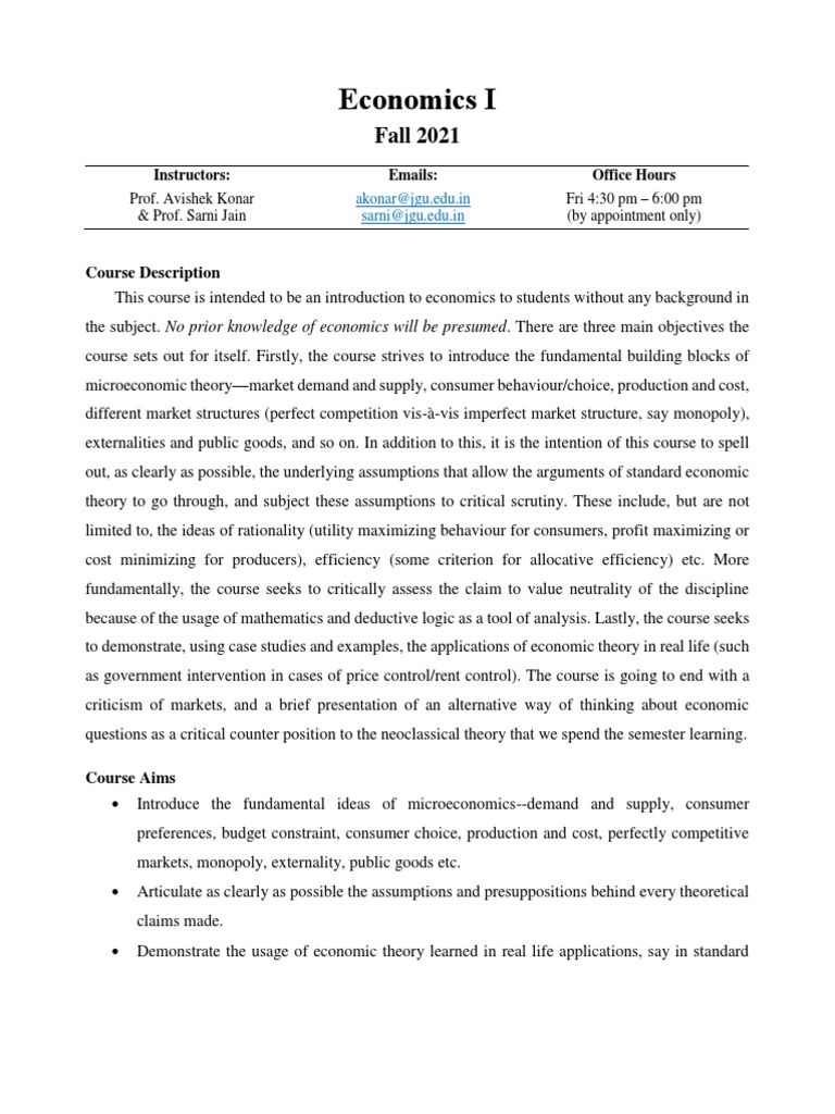 Economics I: Fall 2021 | Descargar gratis PDF | Market (Economics) | Perfect Competition