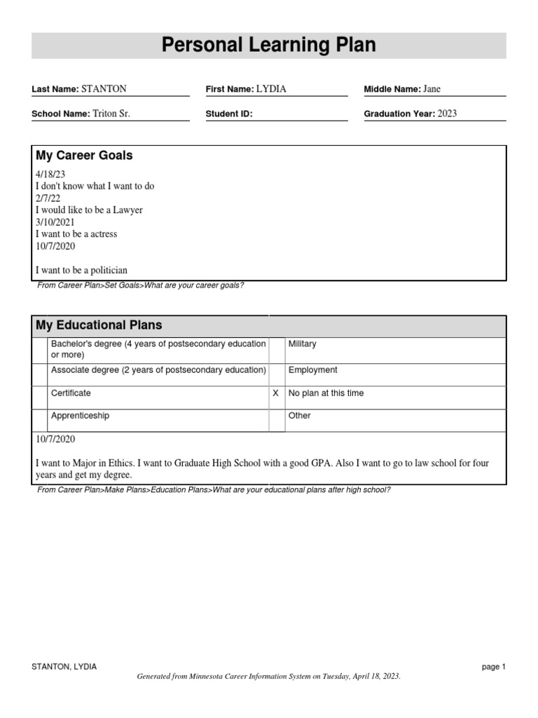 Student Career Exploration Plan | PDF