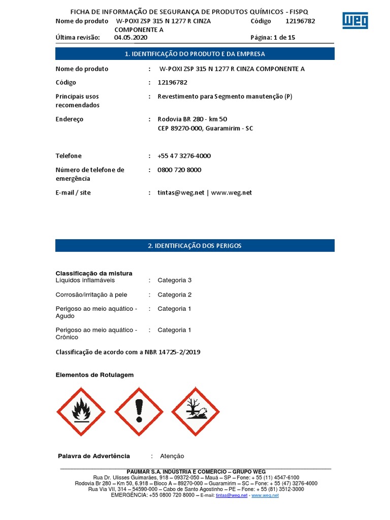 FISPQ do Produto W-POXI ZSP 315 | PDF | Embalagem e rotulagem | Desperdício